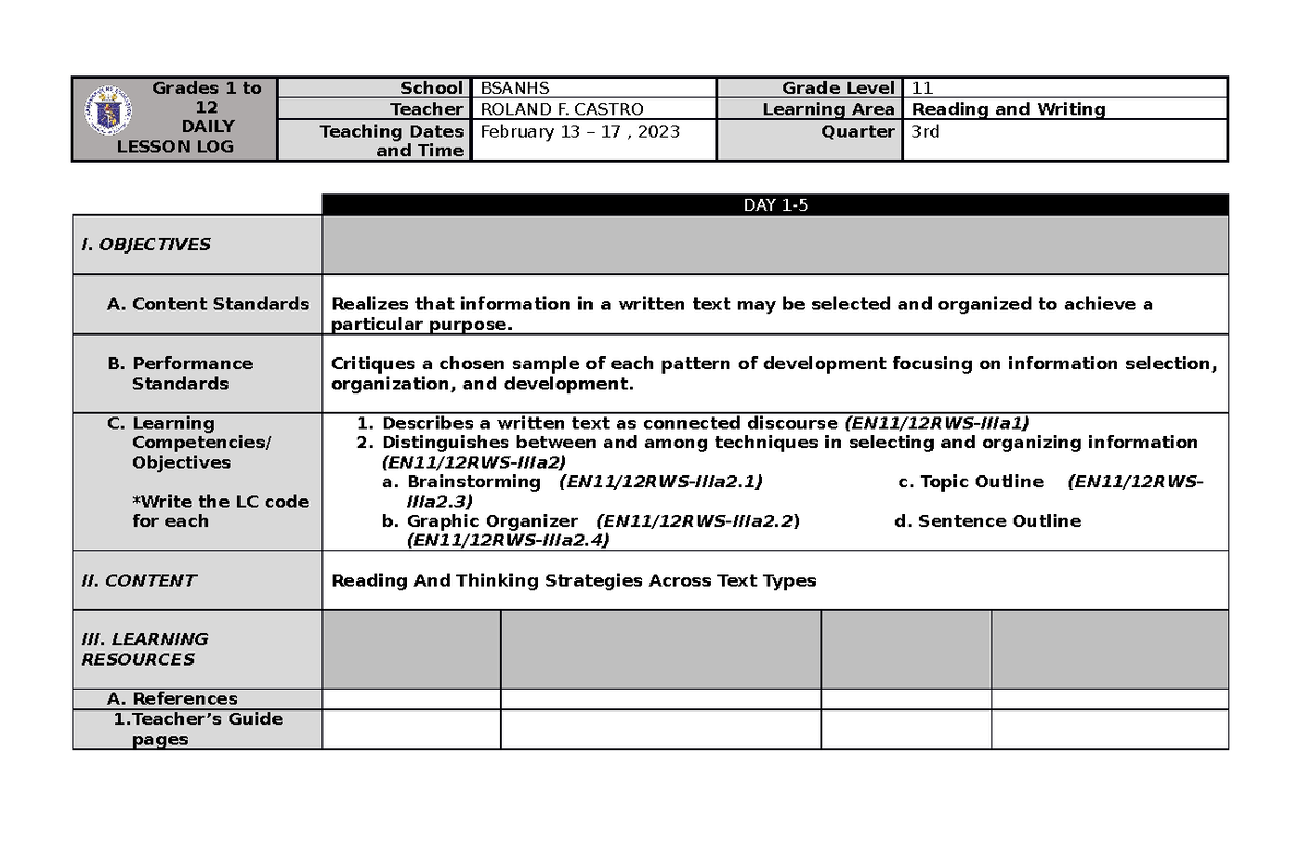 DLL RW Week 1 - Lesson Plan for Reading and Writing Skills - Studocu