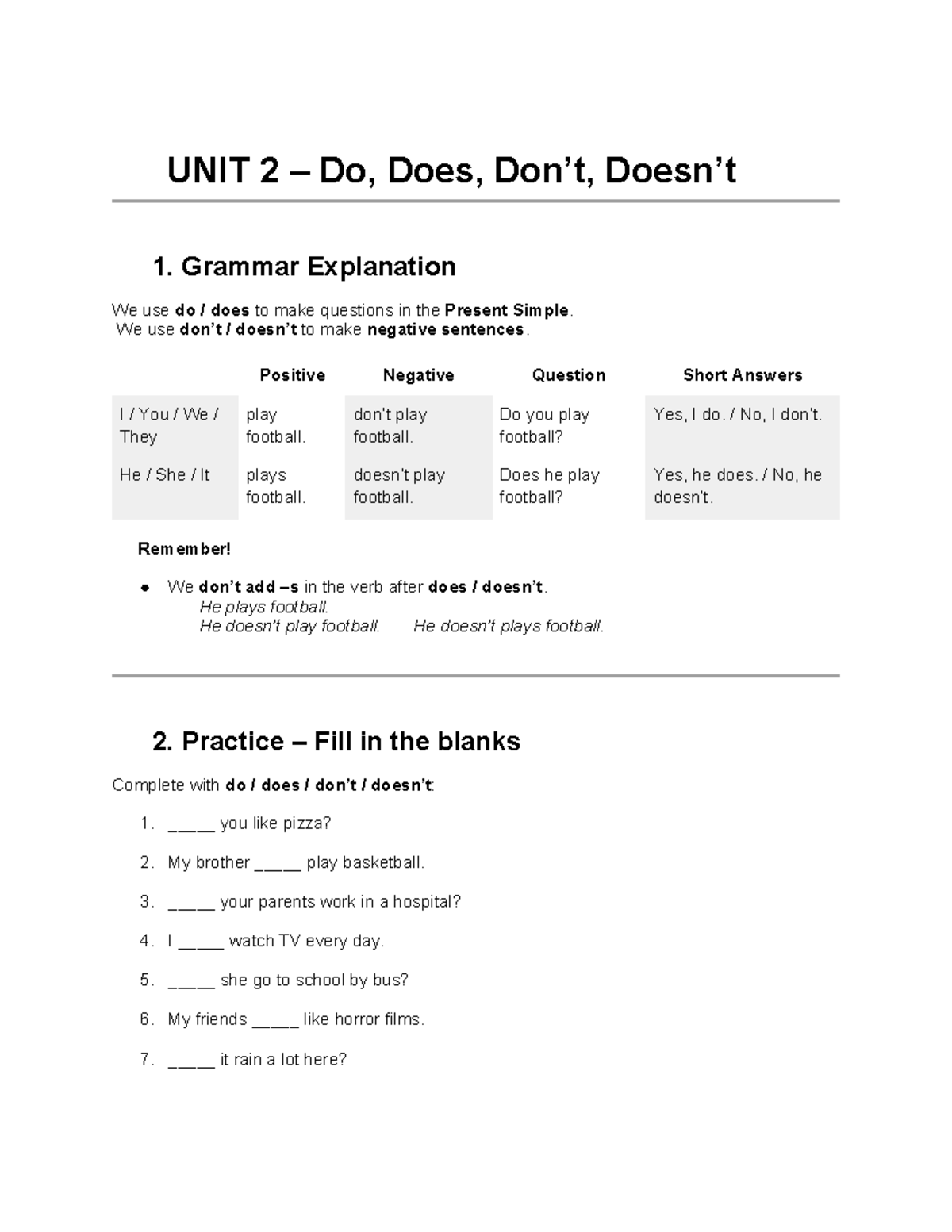 UNIT 2: Do & Does - Grammar Explanation and Practice - Studocu