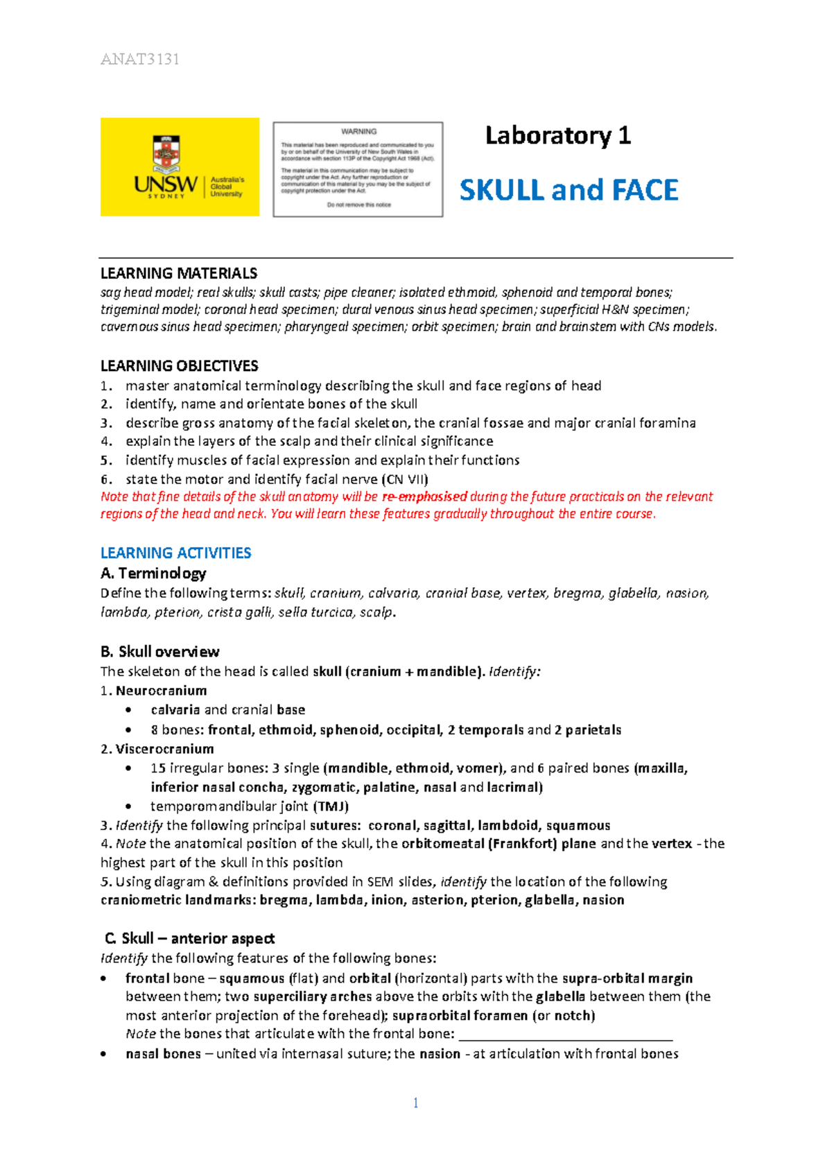 ANAT3131 Lab 1: Comprehensive Study of Skull and Facial Anatomy - Studocu