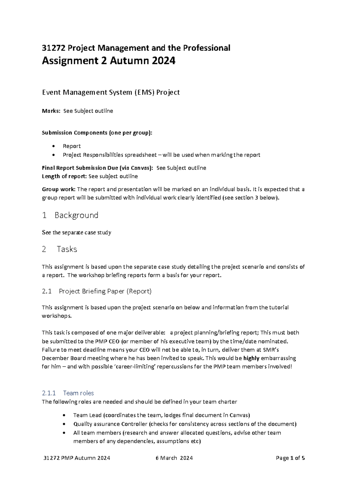 31272 Project Management: Assignment 2 EMS Report Instructions - Studocu