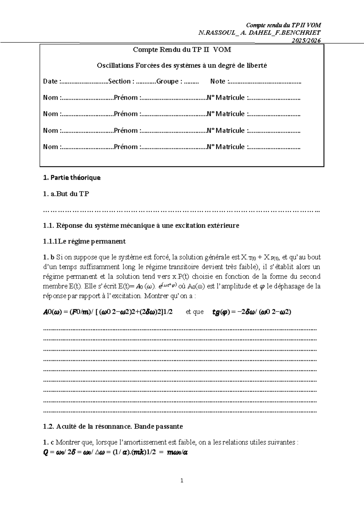 Compte Rendu du TP II VOM: Oscillations Forcées et Circuits RLC - Studocu