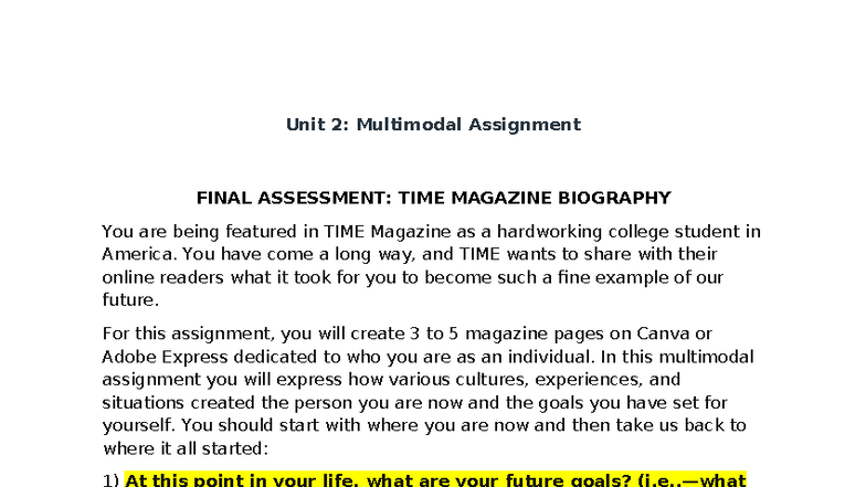 Unit 2: Multimodal Assignment - TIME Magazine Biography Project - Studocu