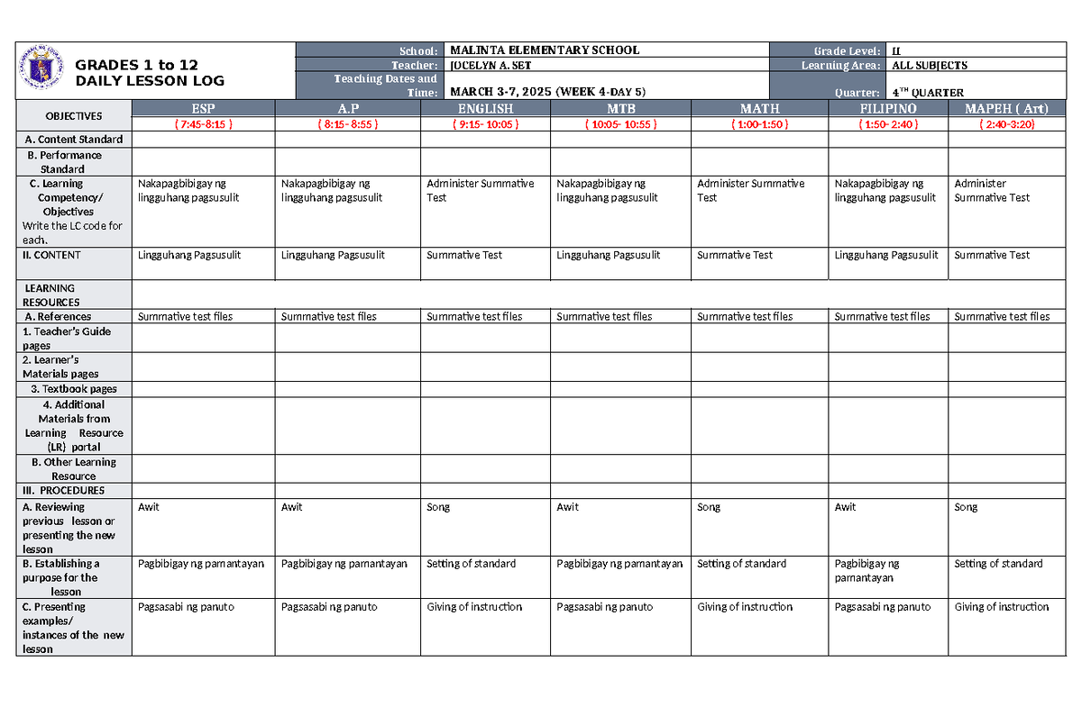 DLL ALL Subjects 2 Q4 W4 D5 - GRADES 1 to 12 DAILY LESSON LOG School ...