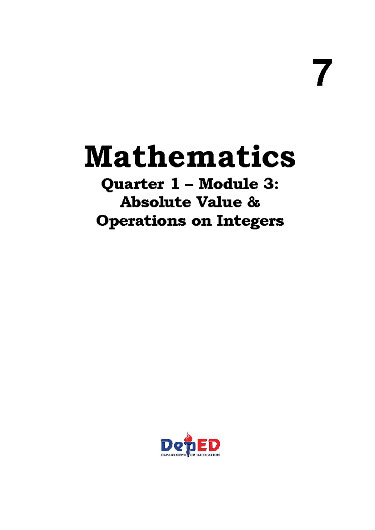 Mathematics 7 Q1 Module 3: Absolute Value & Integer Operations - Studocu