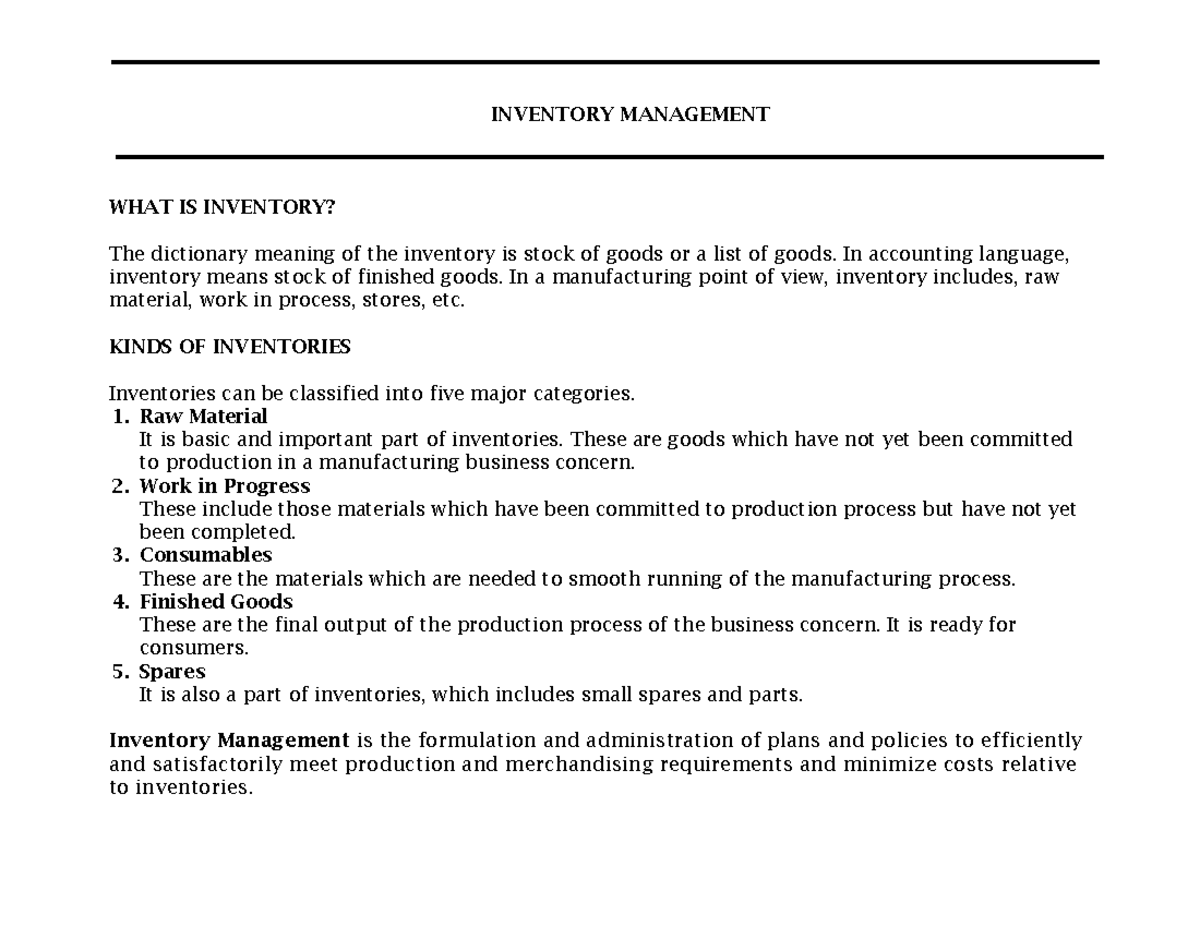 Inventory Management - Lecture Notes on Chapters 7-10 - Studocu