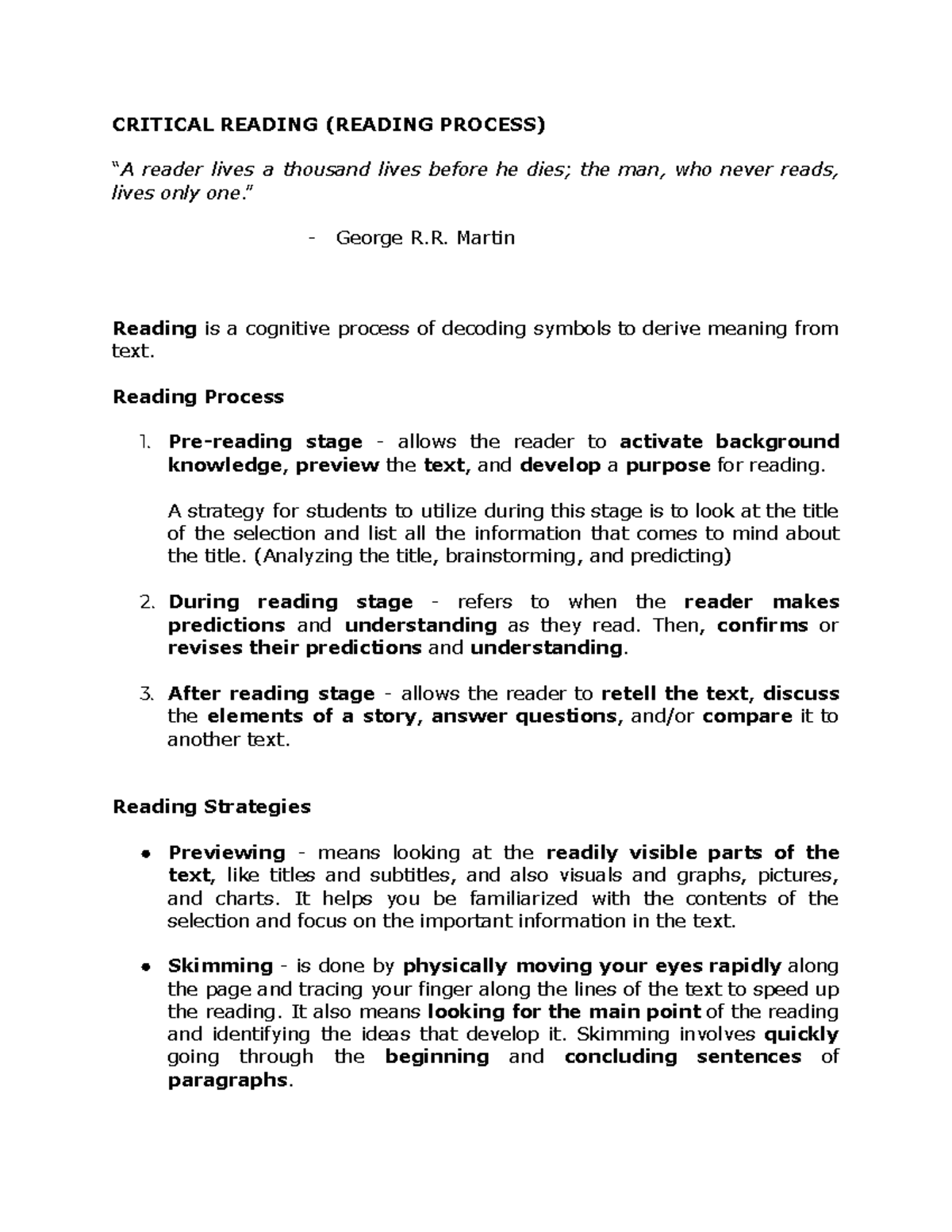 Reading and Writing Strategies - GR. 11 Reviewer - Studocu