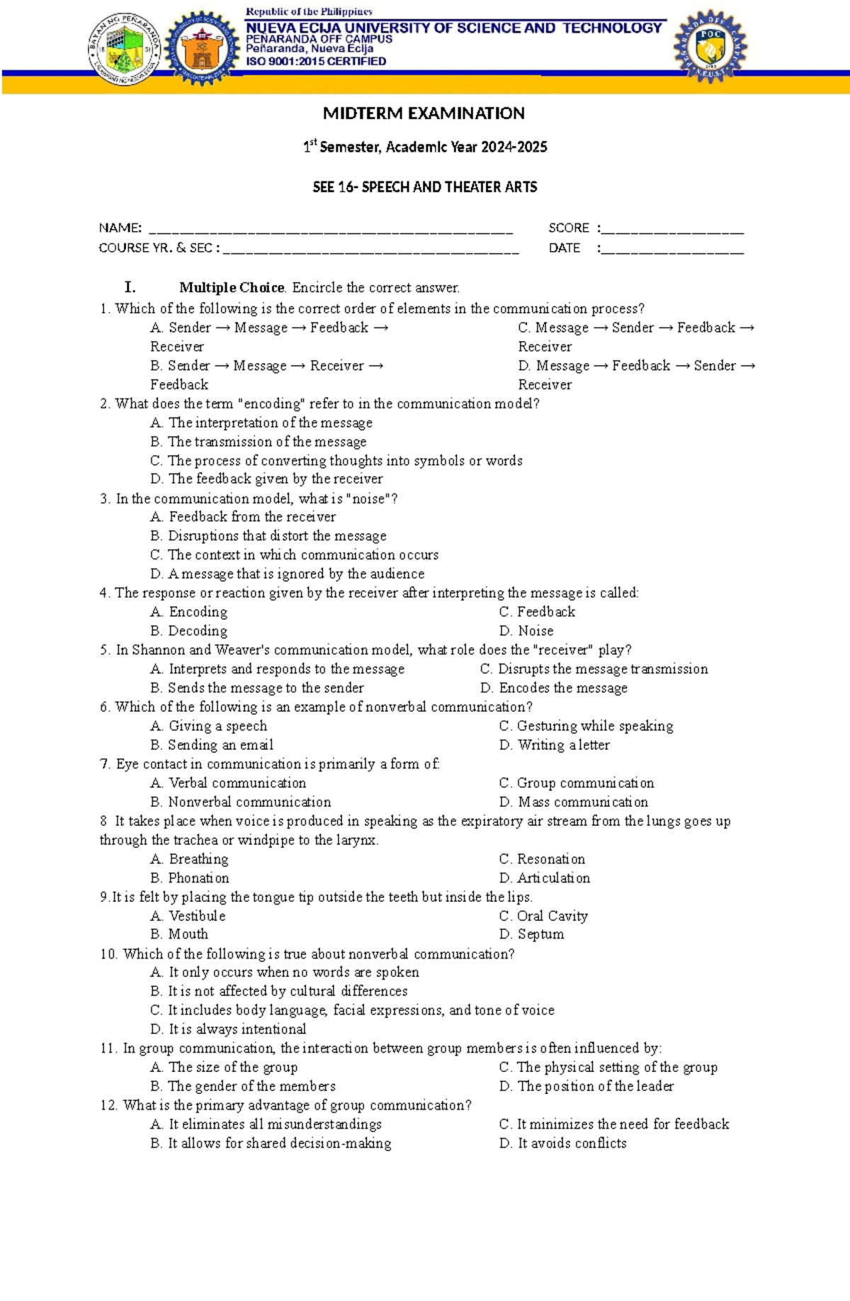Speech and Theater Arts (SEE 16) Midterm Exam Review Guide - Studocu