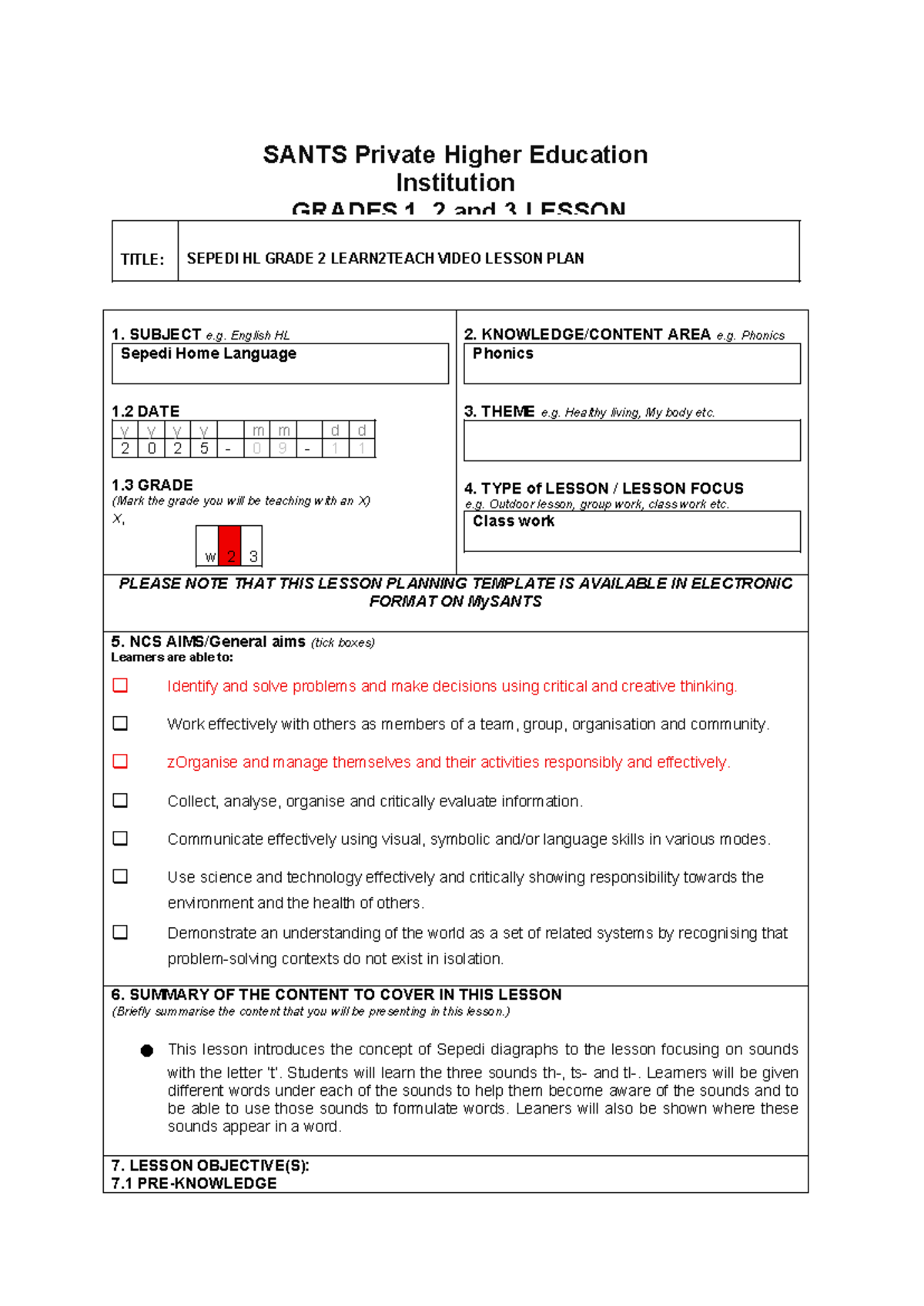 SANTS HL GRADE 2 LESSON PLAN: Sepedi Diagraphs Overview - Studocu