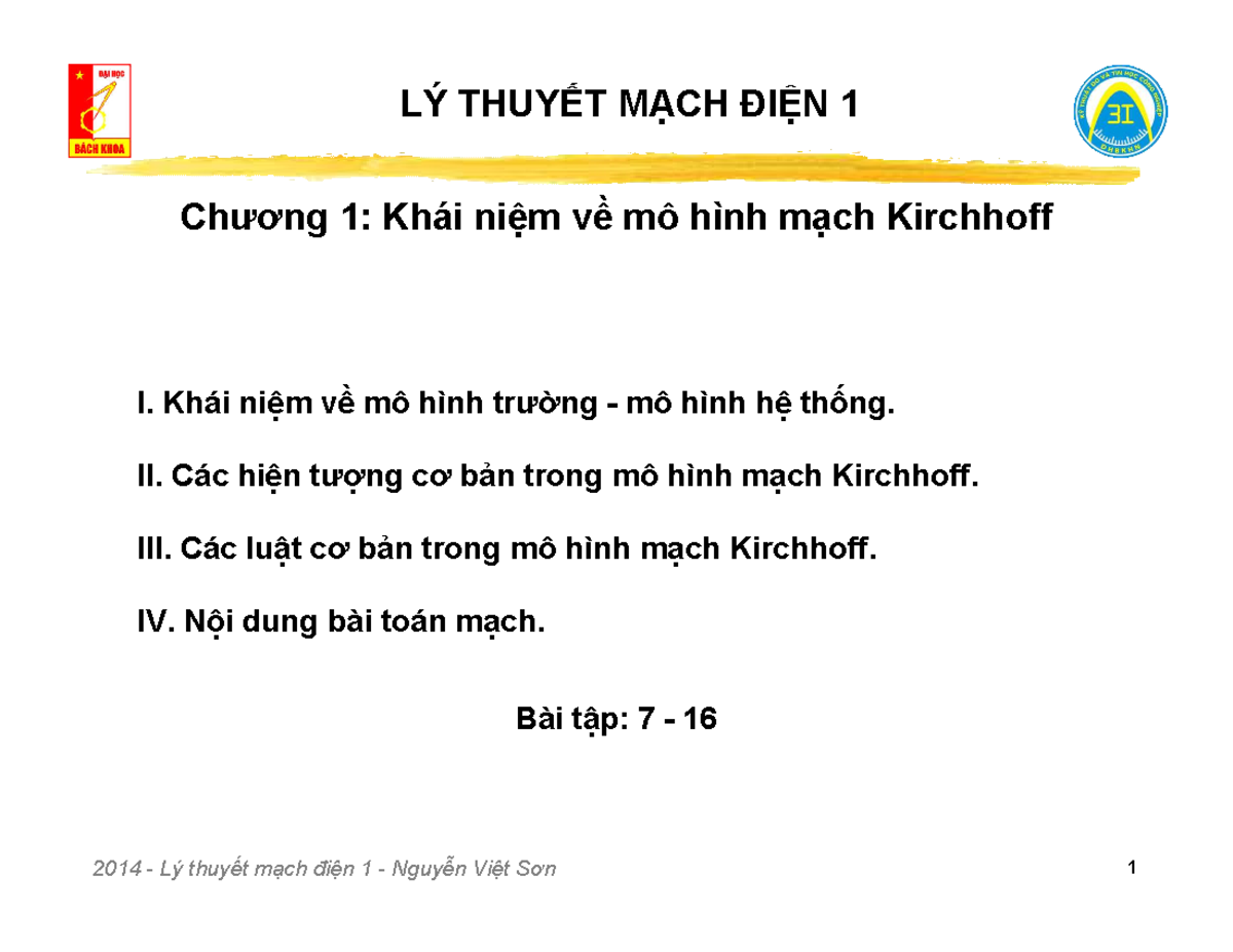 EE2020 - Chương 1: Khái niệm về mô hình mạch Kirchhoff - Studocu