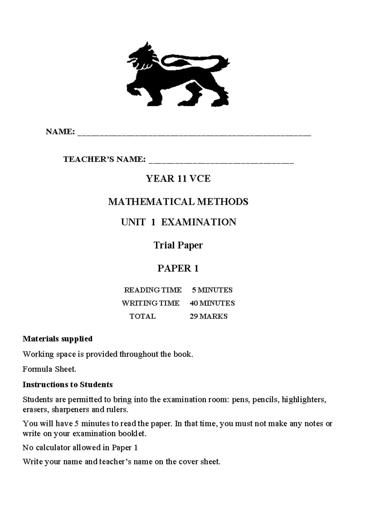 VCE Mathematical Methods 11 Unit 1 Trial Exam Paper 1 - Practice Test ...
