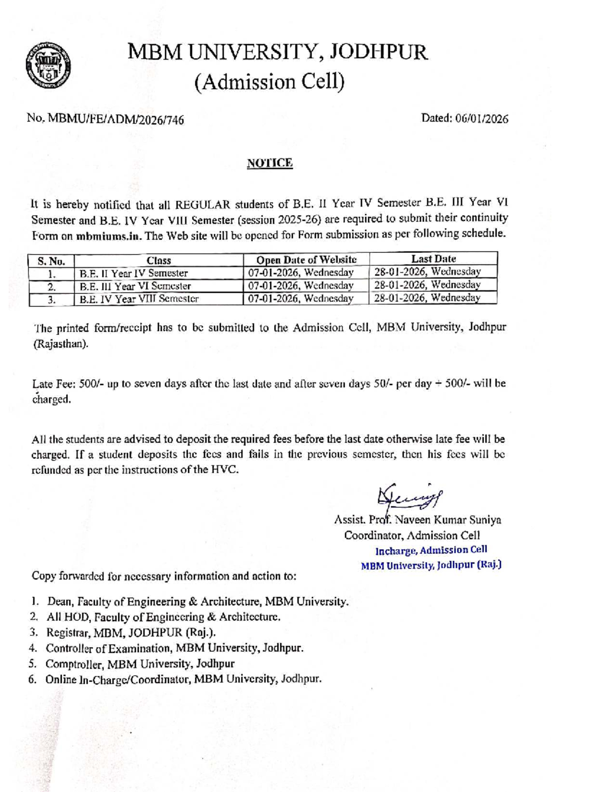 MBM University Continuity Form Notice for B.E. Students 2025-26 - Studocu