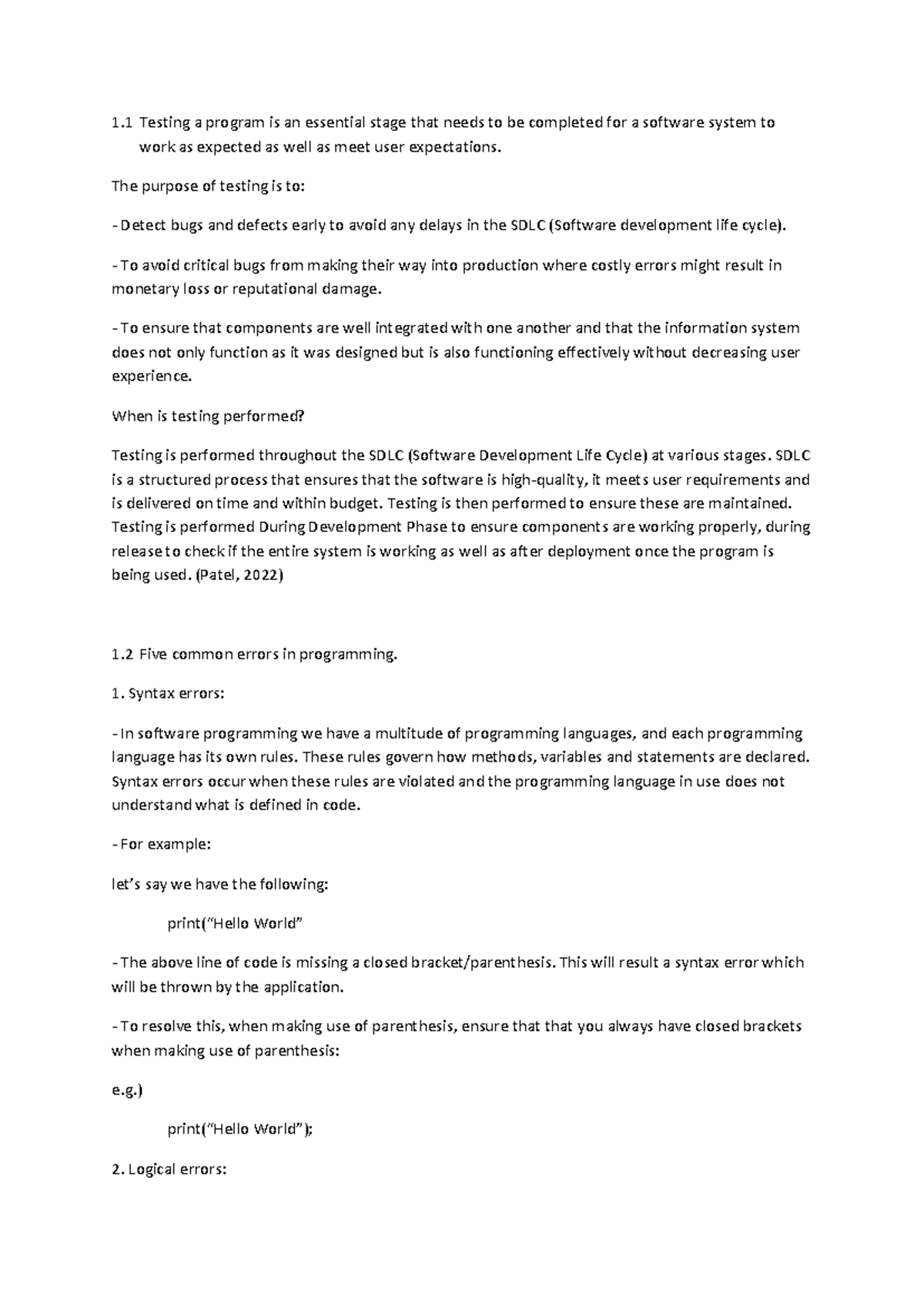 Software Development Assignment: Key Errors and Testing Techniques ...