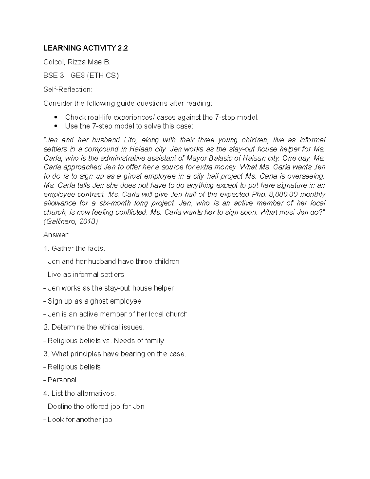 GE8 Learning Activity - LEARNING ACTIVITY 2. Colcol, Rizza Mae B. BSE 3 ...