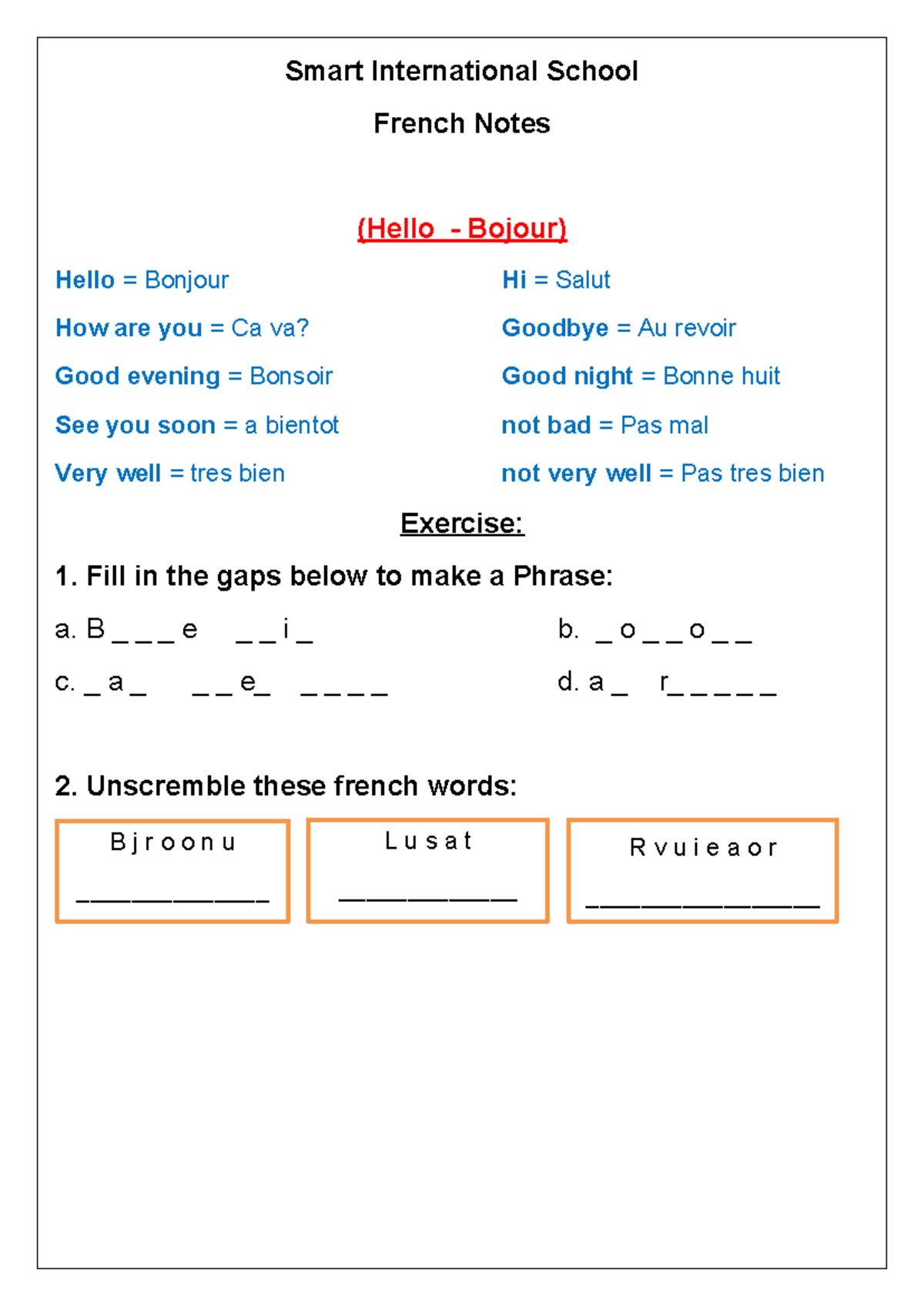 French Notes and Exercise Sheet - Smart International School - Studocu