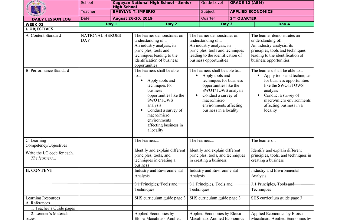 Applied Economics Daily Lesson Log (GRADE 12 ABM) - Week 03 - Studocu