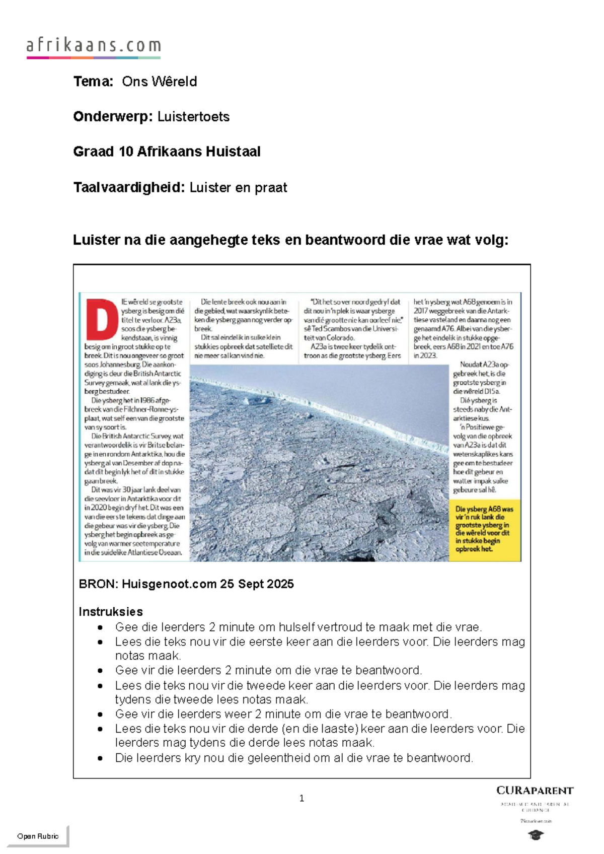 Les 20: Graad 10 HT Luistertoets - Ons Wêreld - Studocu