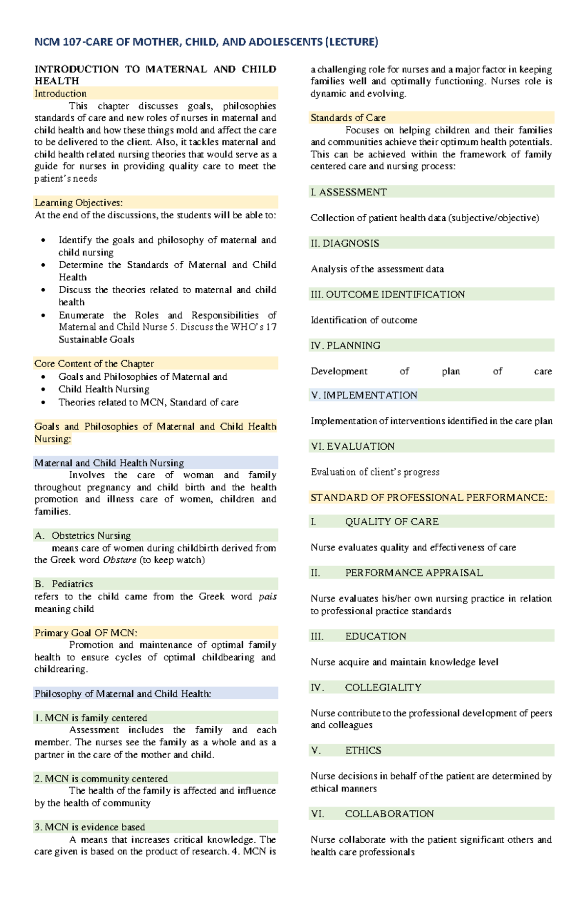 NCM 107 - LEC Maternal & Child Health Concepts and Nursing Theories - Studocu