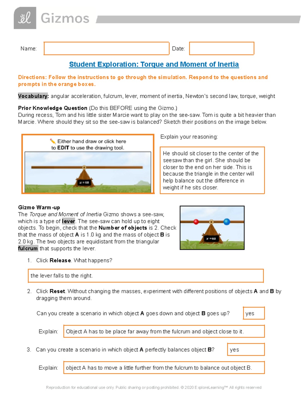 Moment of Inertia - Name: Date: Student Exploration: Torque and Moment ...