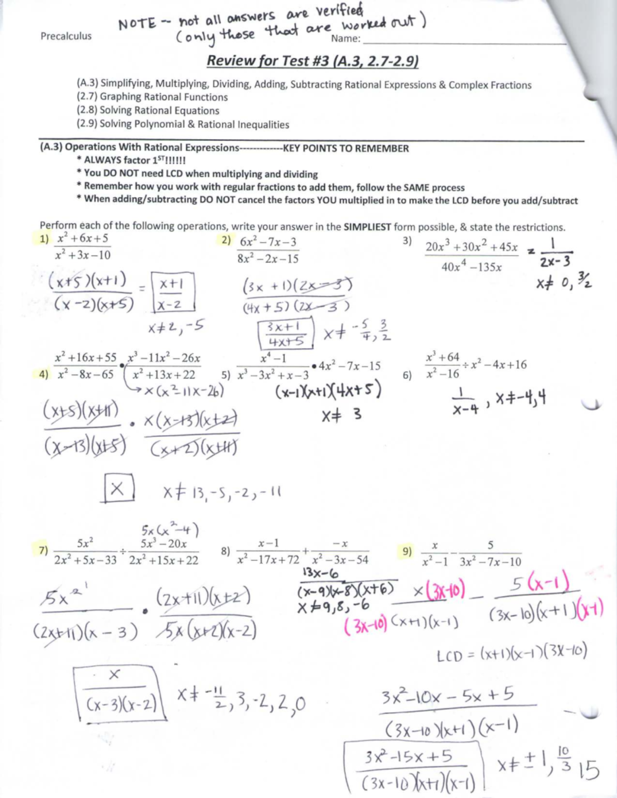Unit 3 test review answers for precalculus (A.3) rational expressions ...