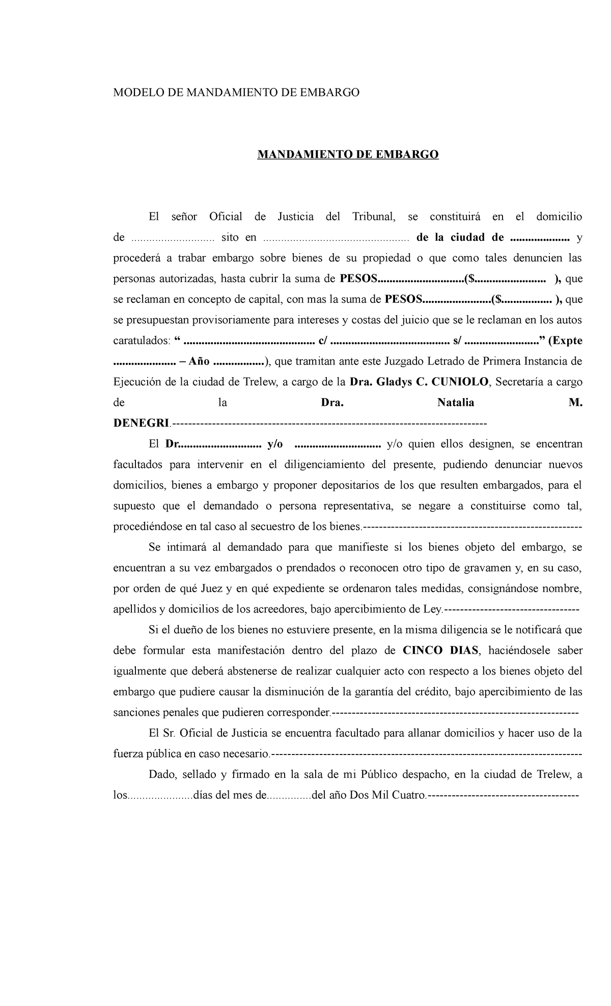 Modelo de Mandamiento de Embargo - Legal Document Template - Studocu