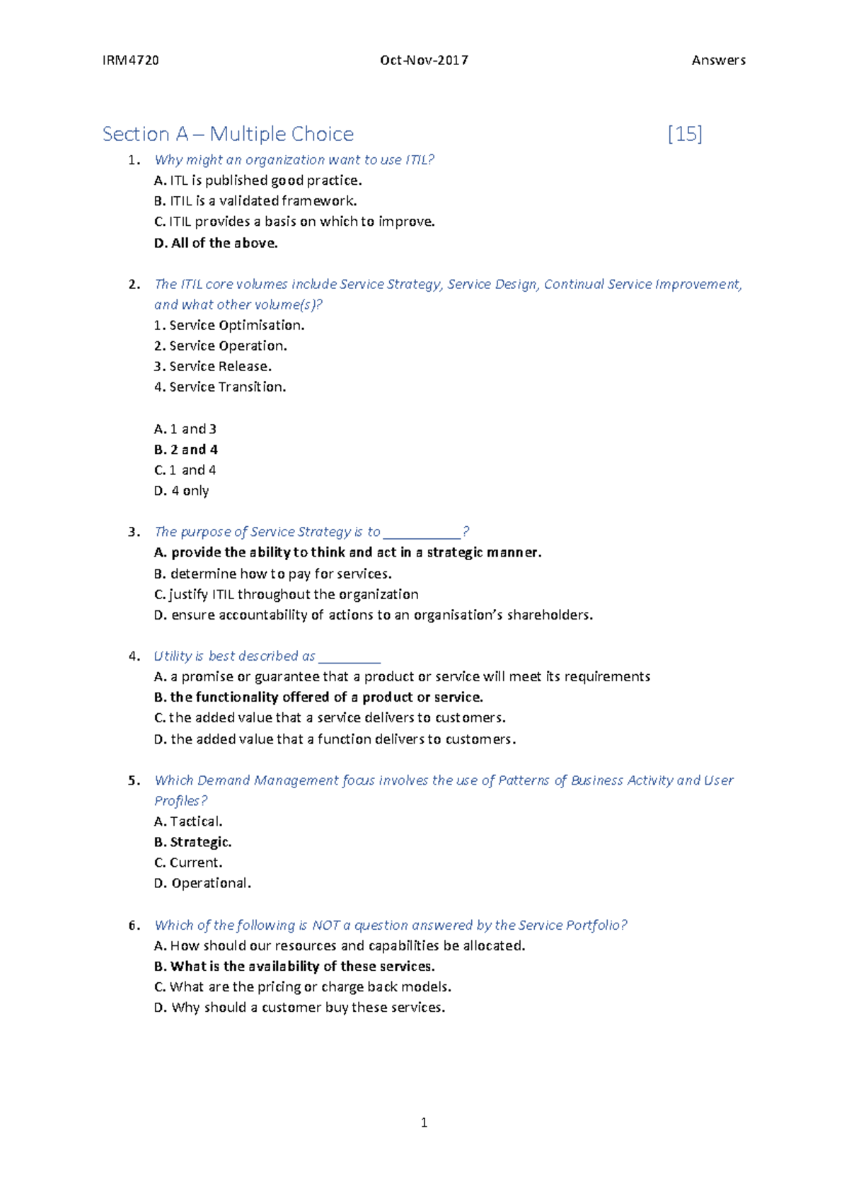 IRM4720 Oct Nov 2017 Multiple Choice & Short Answer Solutions - Studocu