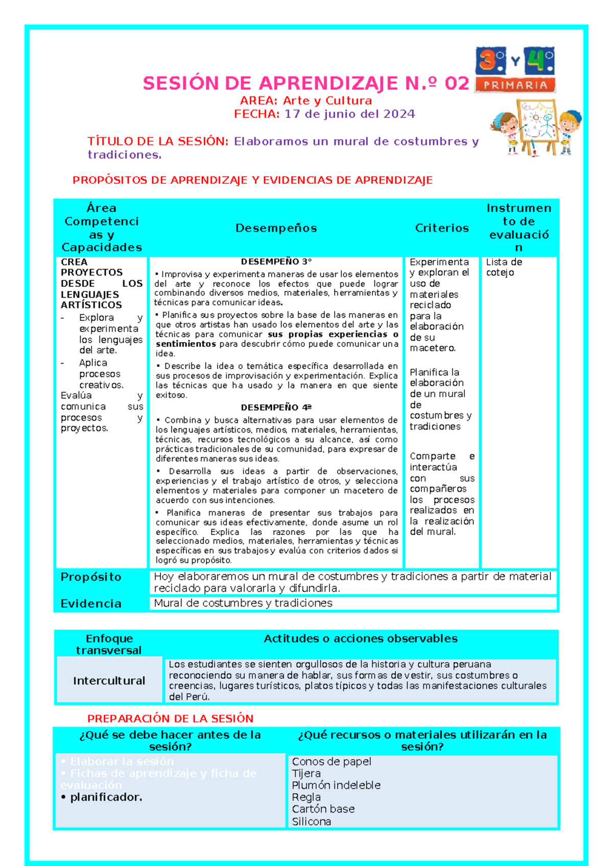 Sesión de Aprendizaje ARTE- Elaboración de un Mural de Tradiciones - Studocu