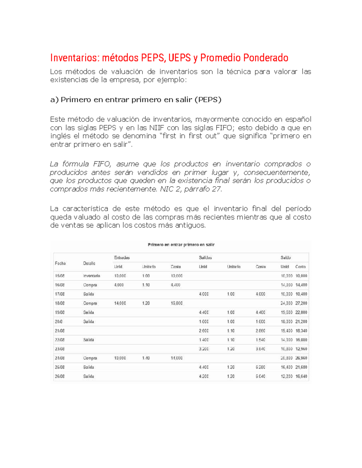Métodos de Valuación de Inventarios: PEPS, UEPS y Promedio Ponderado - Studocu