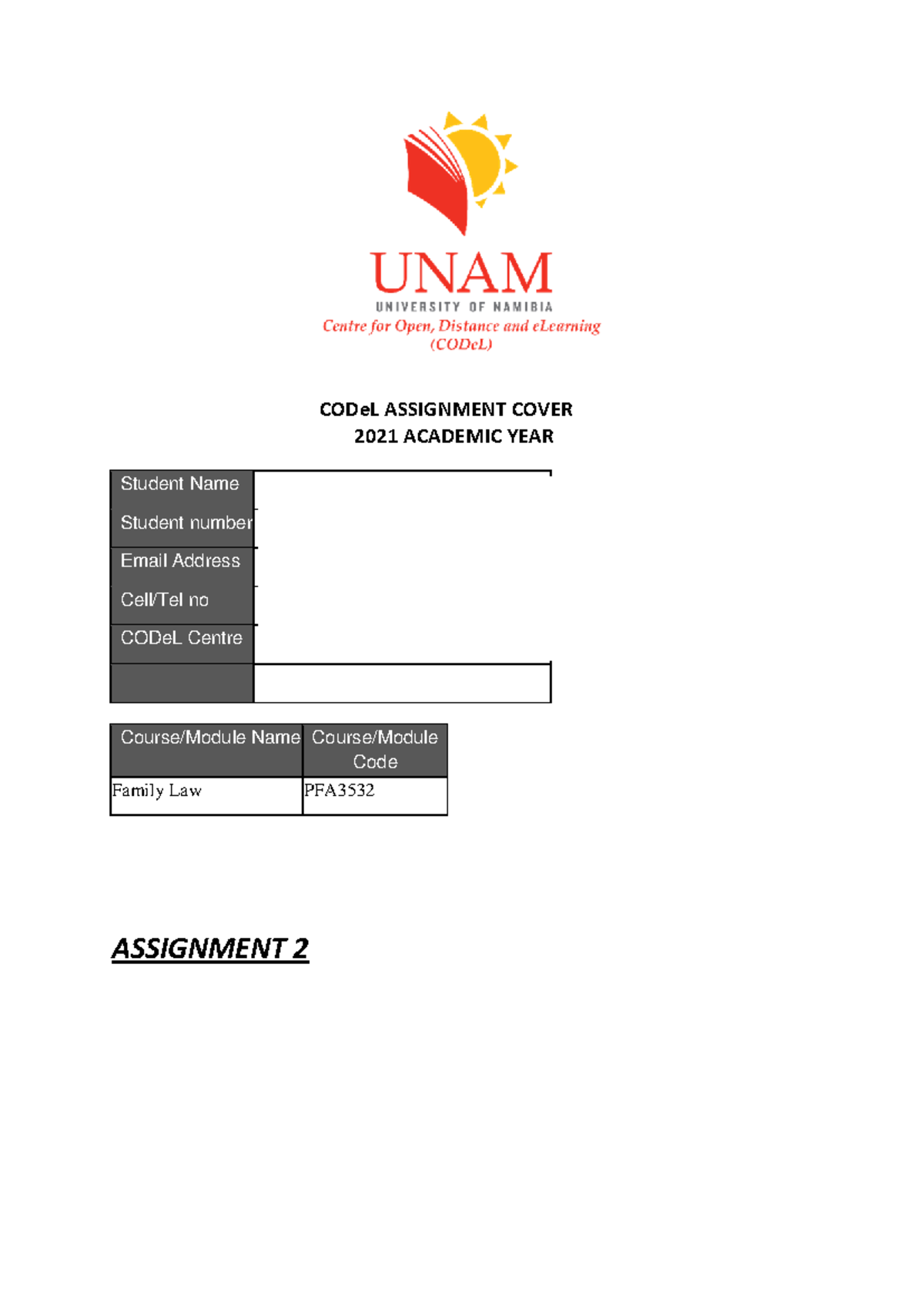 CODe L Assignment Cover 2021 Academic YEAR Family Law assignment 2 ...