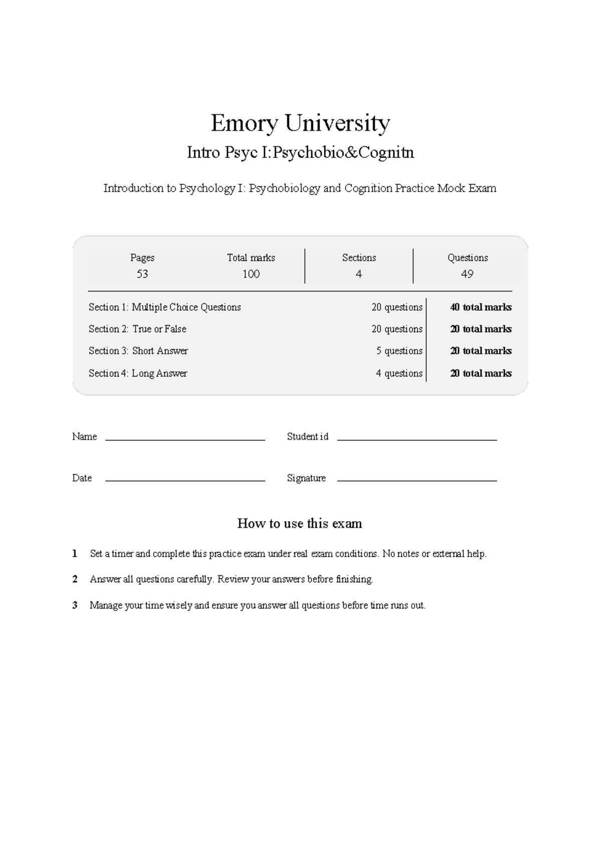 PSYC 110 Intro to Psychology I: Psychobiology & Cognition Mock Exam ...
