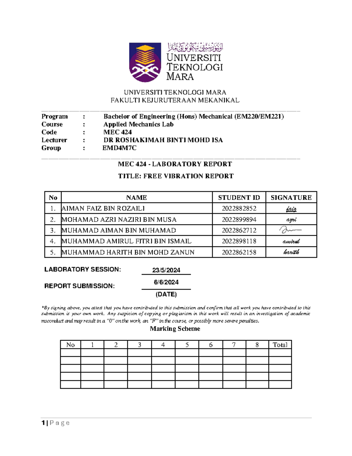 MEC 424 Final Lab Report: Free Vibration Analysis - Studocu