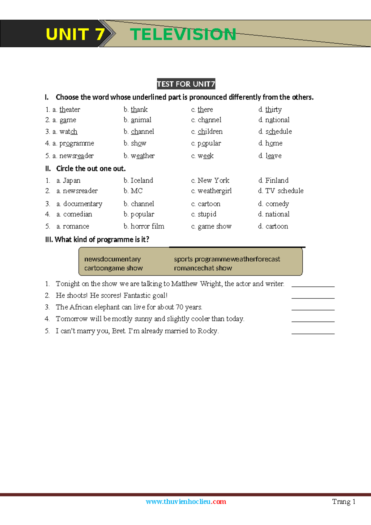 UNIT 7 TELEVISION TEST: Pronunciation & Comprehension Exercises - Studocu