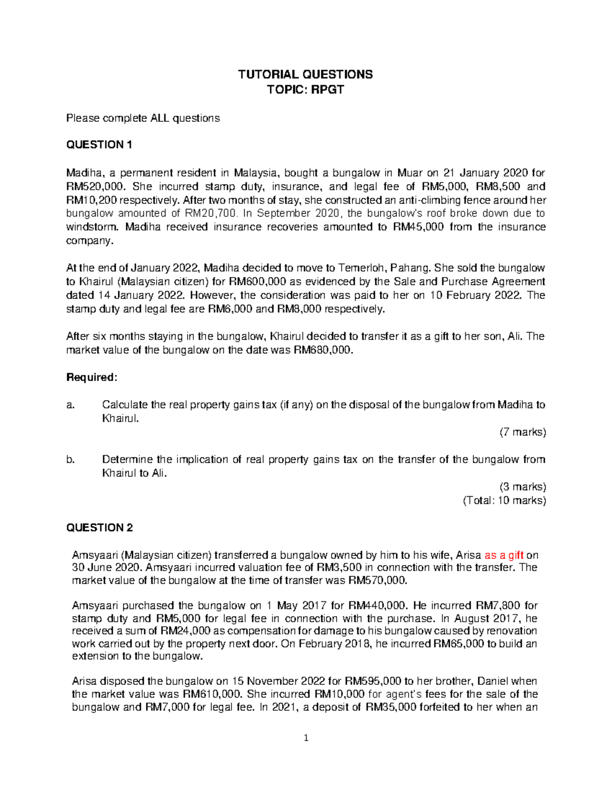 RPGT Tutorial Questions and Solutions for Property Transactions - Studocu