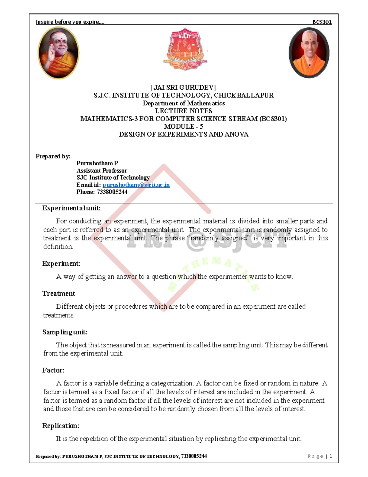 BCS301 Module 5 Lecture Notes: Design of Experiments & ANOVA - Studocu