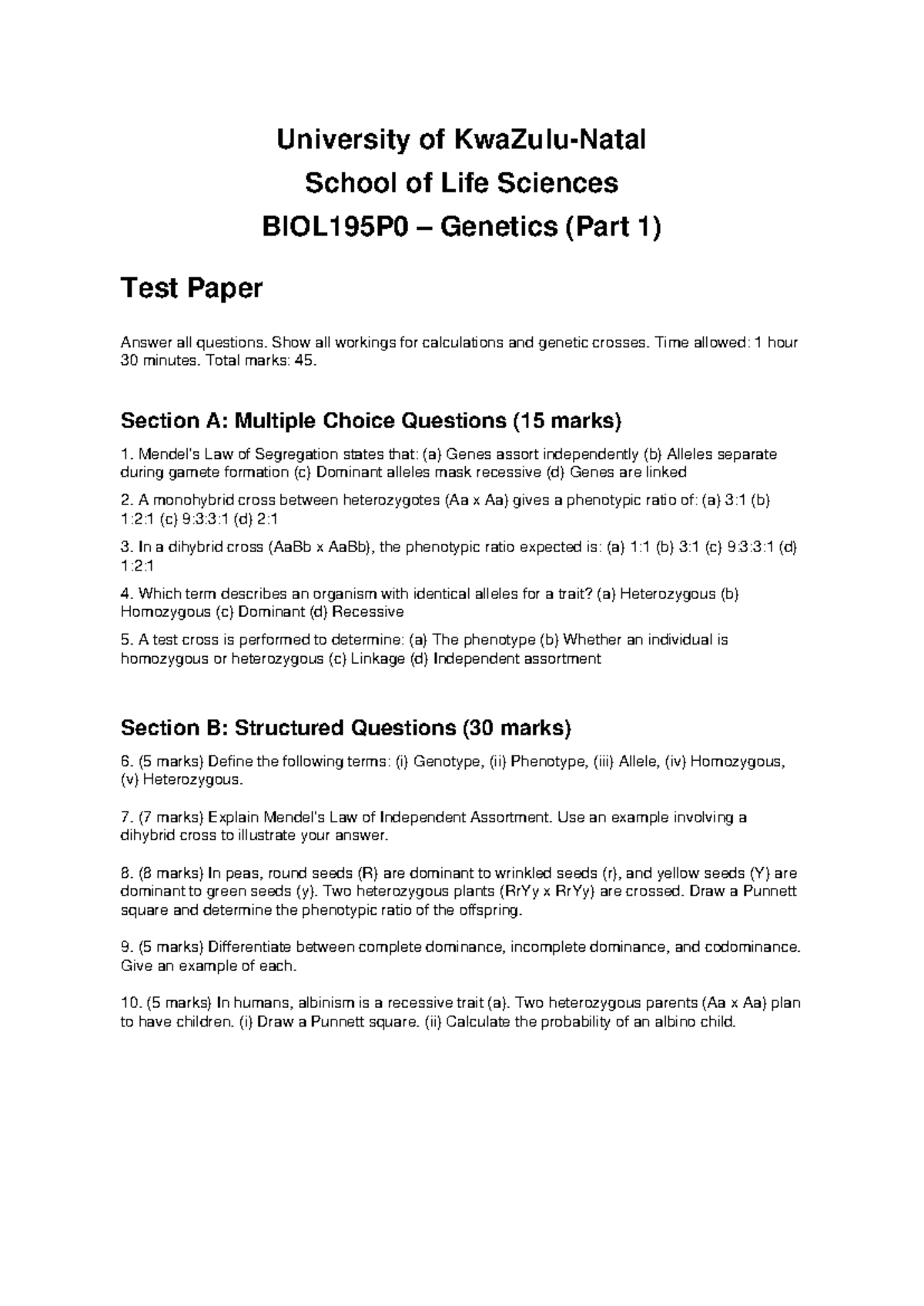 BIOL195P0 Genetics Test Paper (Part 1) - Answer Key & Solutions - Studocu