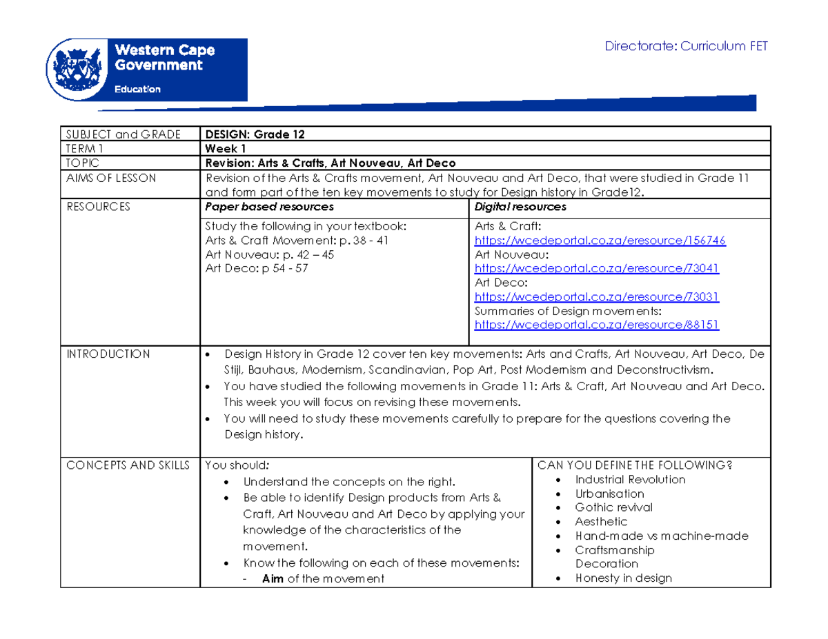 Design History Revision: Grade 12 T1 Week 1 - Arts & Crafts, Art ...