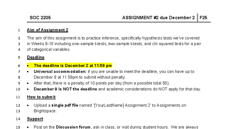 SOC 2205 F25 Assignment 2: Hypothesis Testing Overview - Studocu