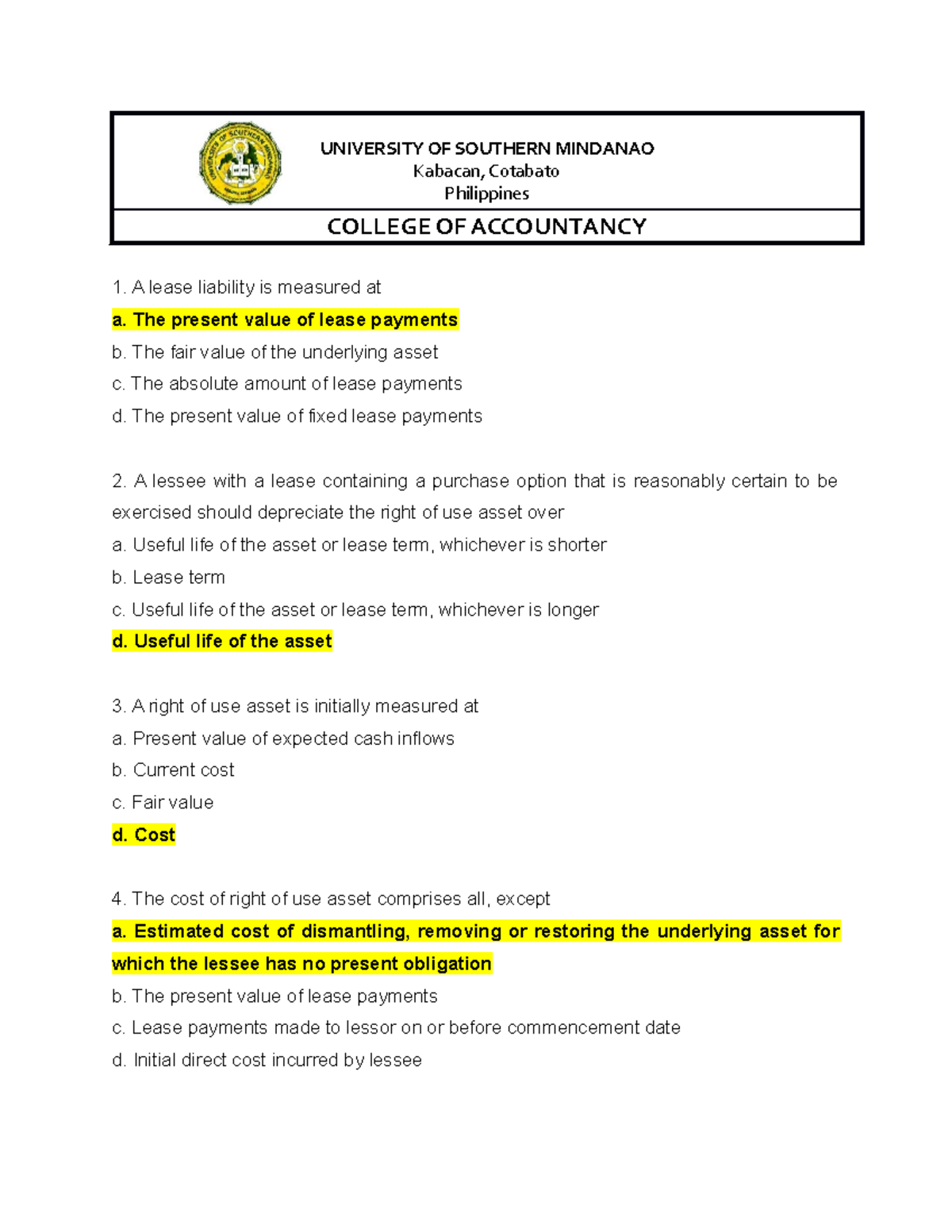 IA 2 - Lessee QUIZ - UNIVERSITY OF SOUTHERN MINDANAO Kabacan, Cotabato ...