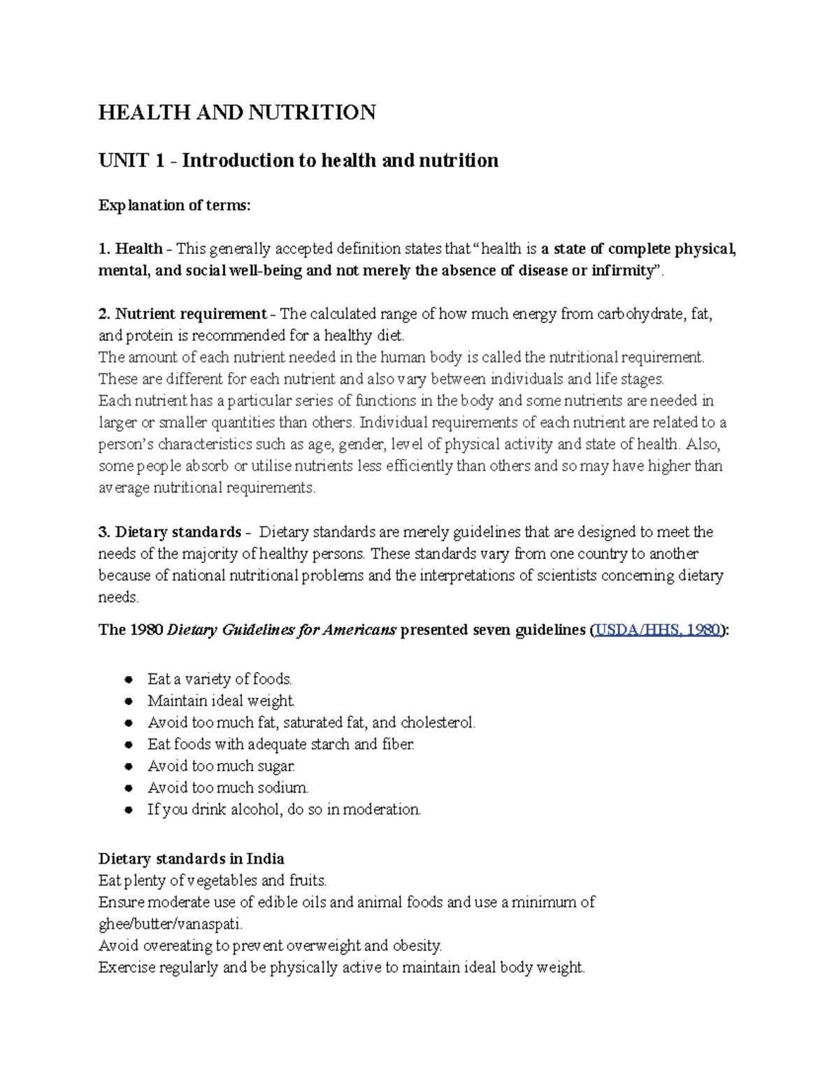 HEALTH AND NUTRITION UNIT 1: Introduction to Key Concepts and ...