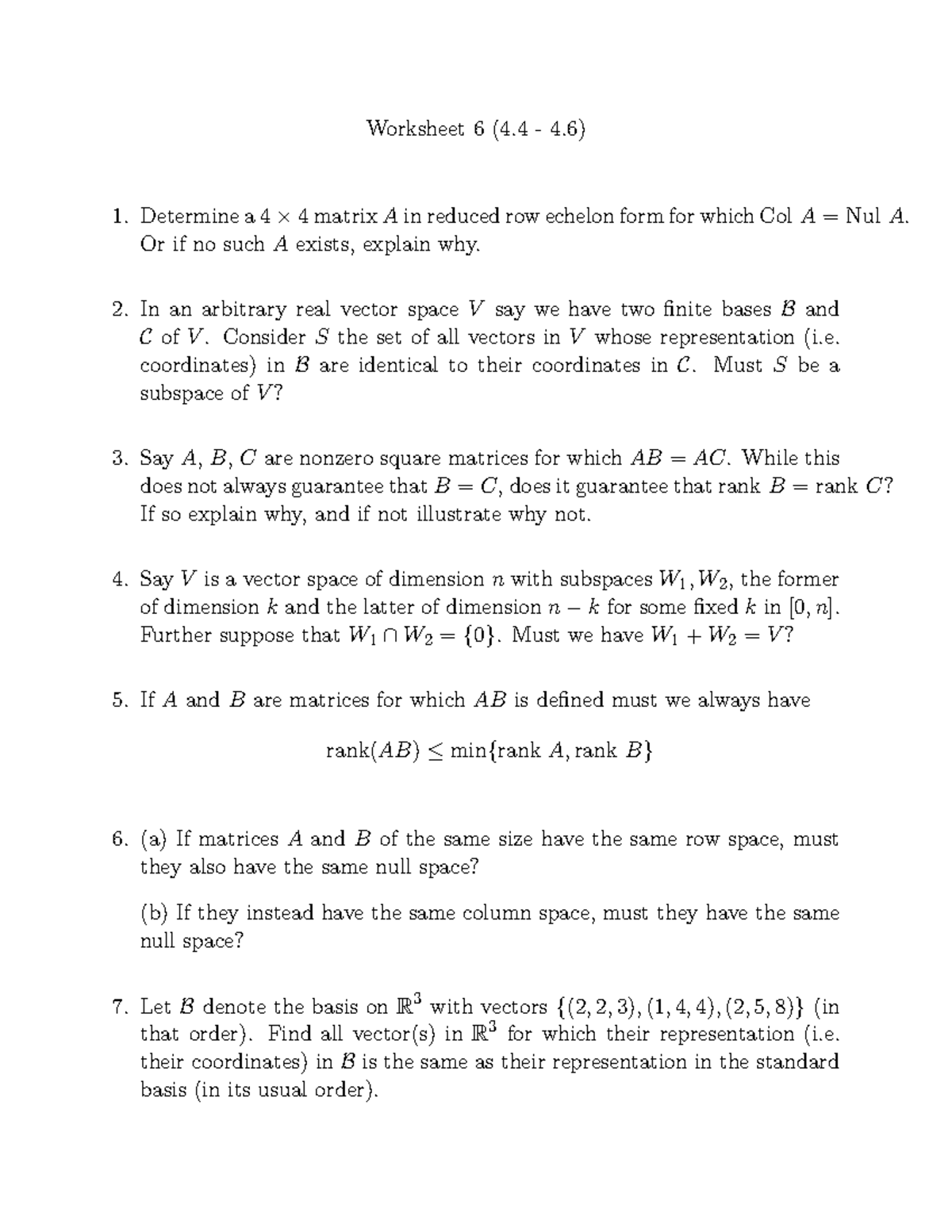 Worksheet 6 Solutions: Topics in Linear Algebra (4.4 - 4.6) - Worksheet ...