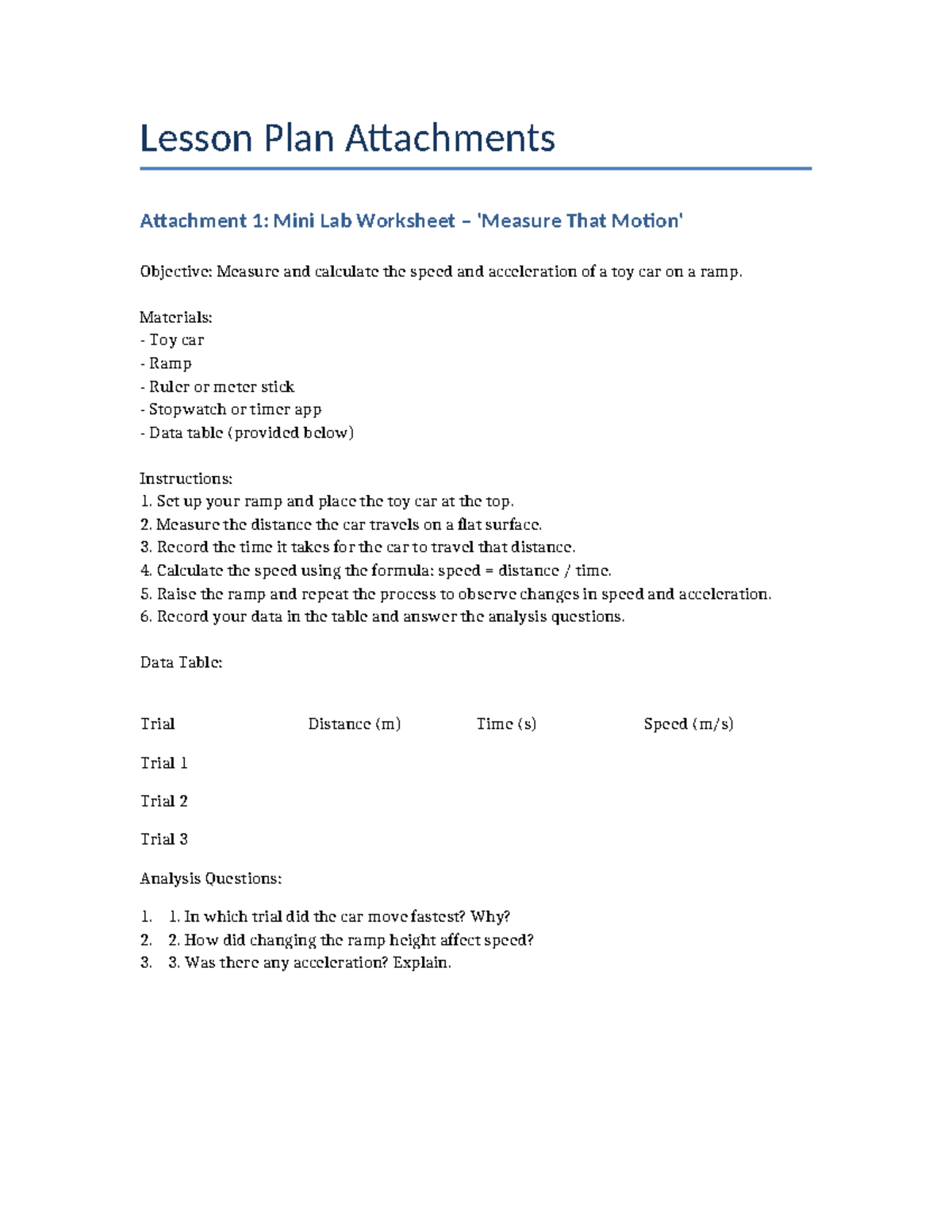 Grade 7 Motion Lesson Plan: Mini Lab & Motion Worksheets - Studocu