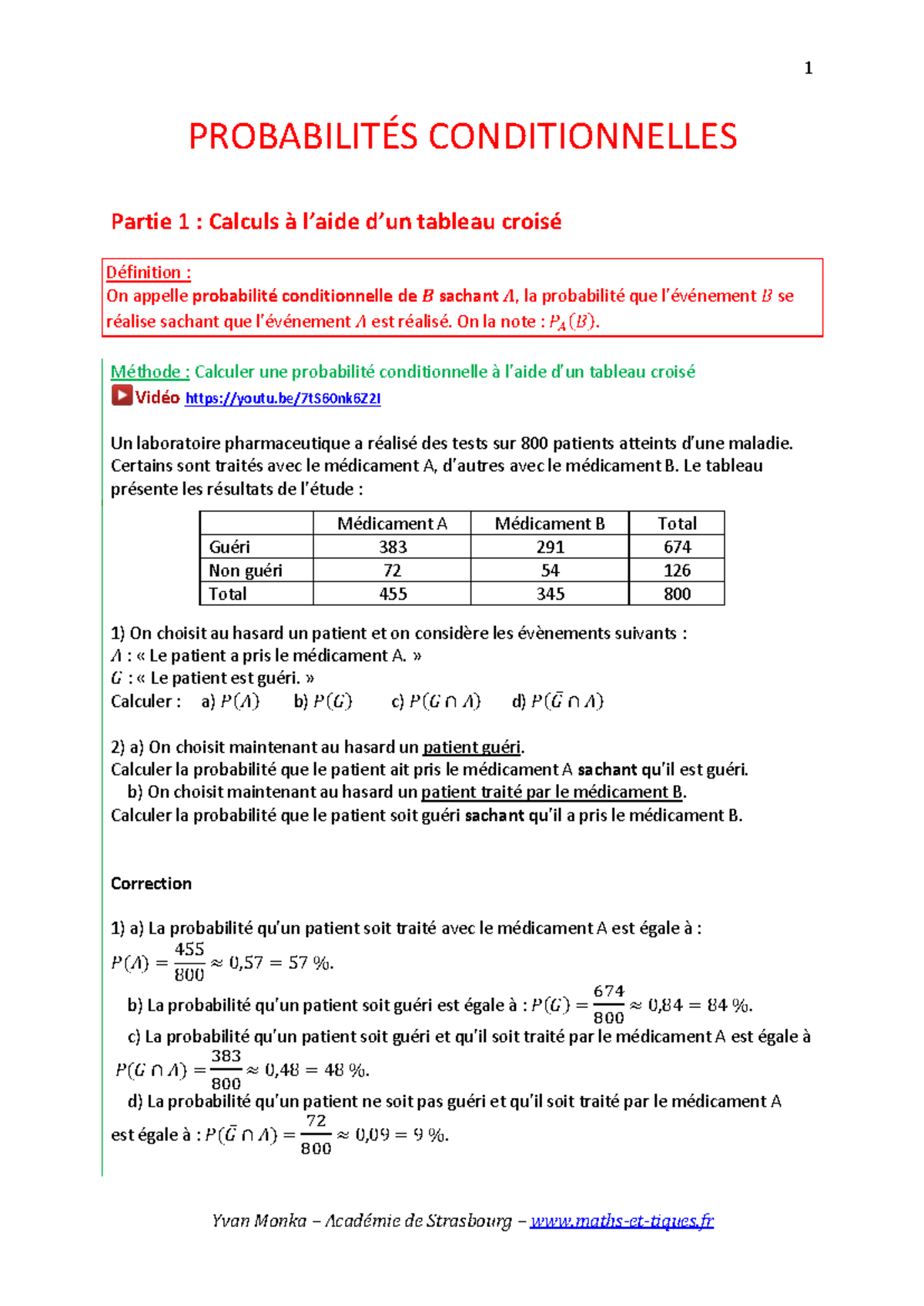 Probabilités Conditionnelles - Cours et Méthodes de Calcul - Studocu