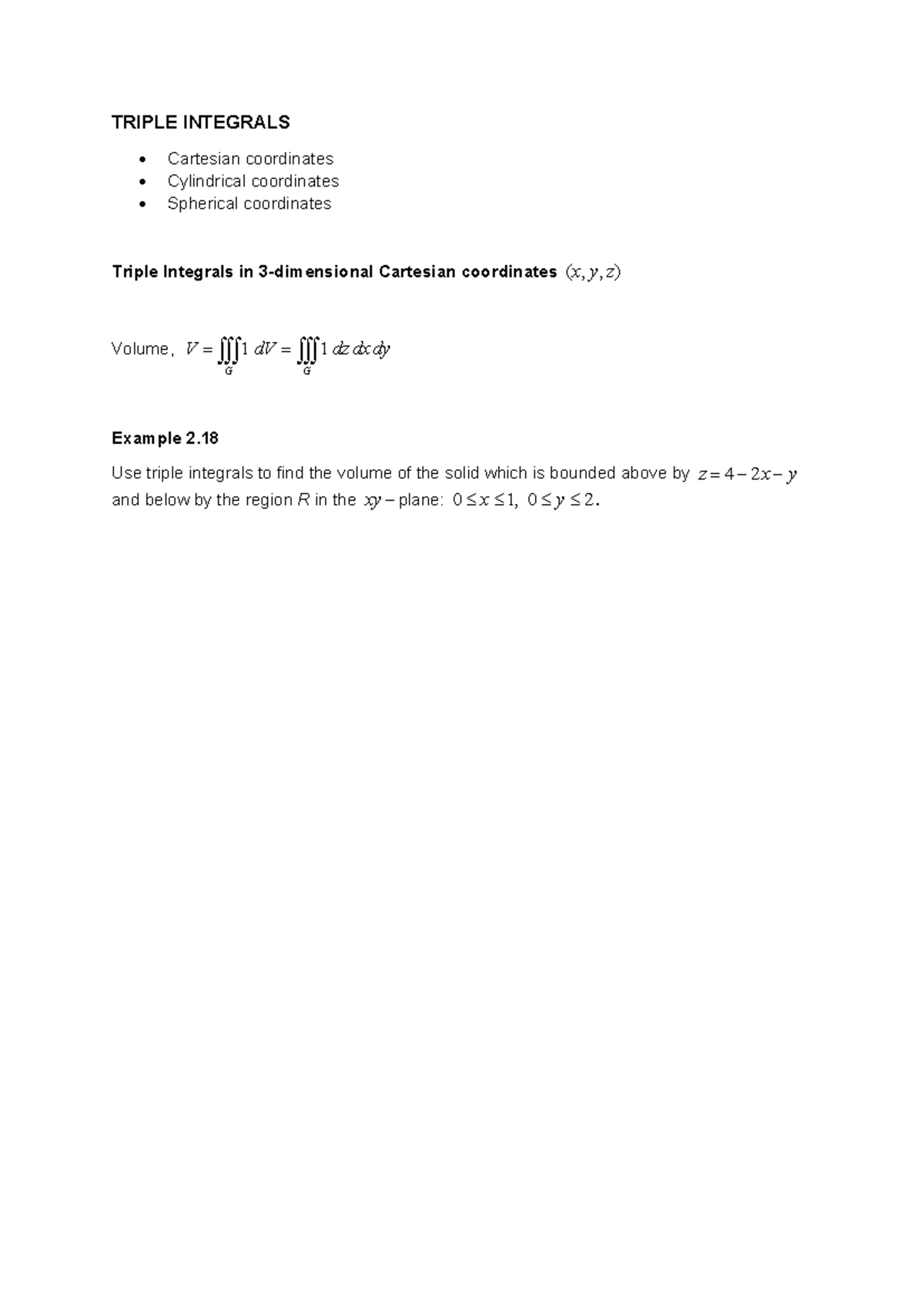 Tripleintegralsnew - notes - TRIPLE INTEGRALS • Cartesian coordinates ...