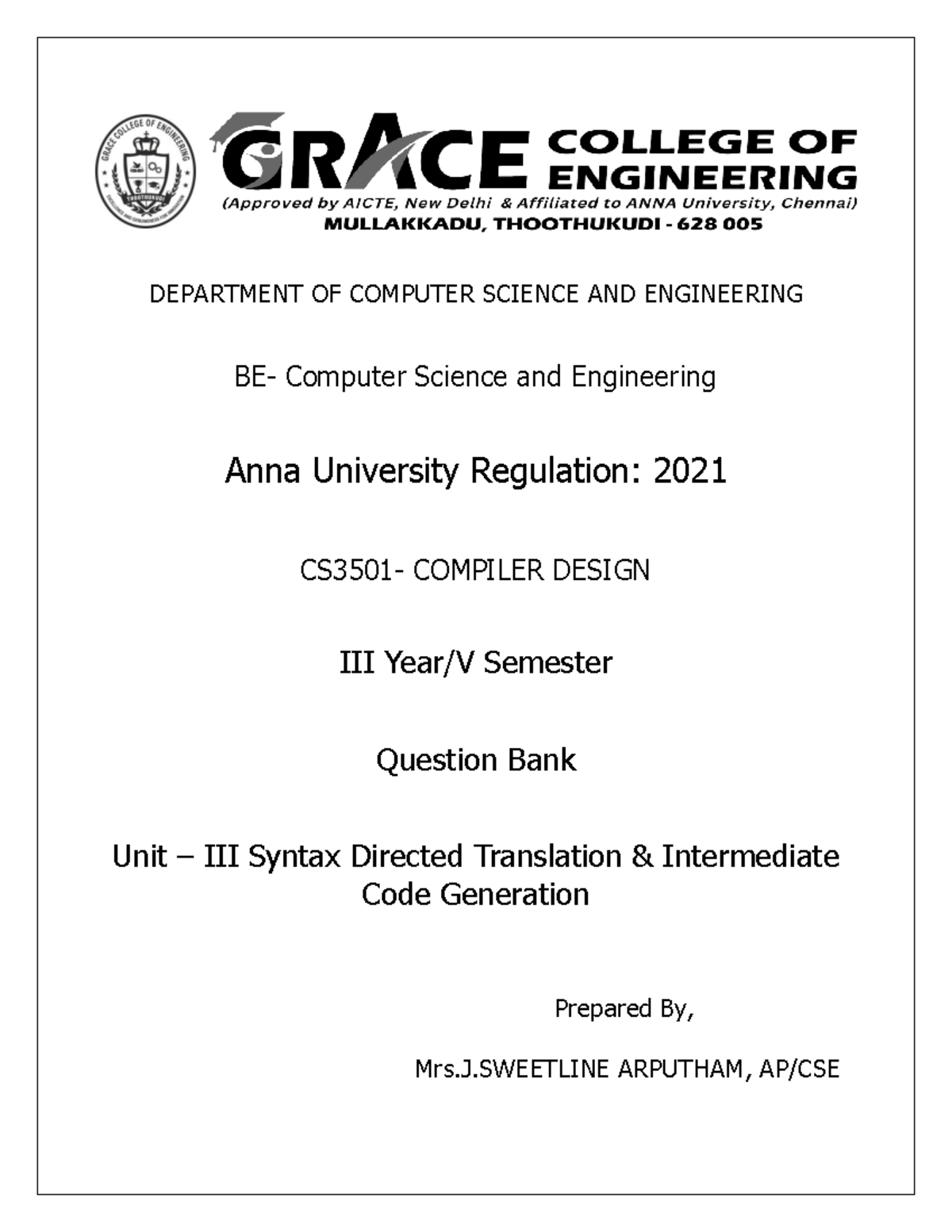 Compiler Design CS3591: Unit 3 - Introduction to Compilers & Lexical Analysis 2 - Studocu