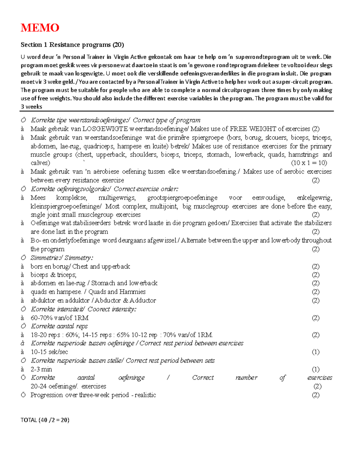 Large Test 1 SU 1+2: Memo on Resistance Programs and Exercise Anatomy ...