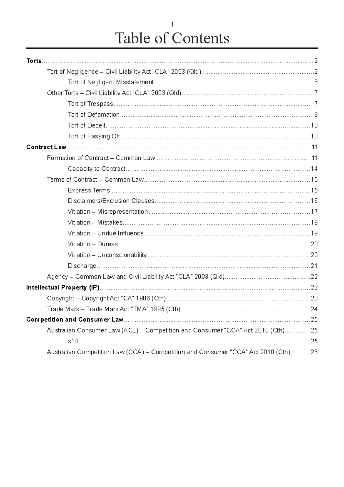 ILAC Templates - Table of Contents Torts - Tort of Negligence – Civil ...