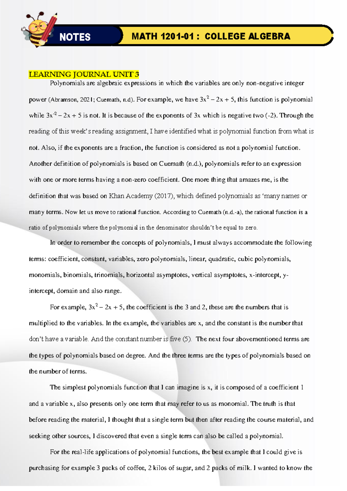 MATH 1201-01-Learning Journal Unit 3 - NOTES MATH 1201-01 : COLLEGE ...