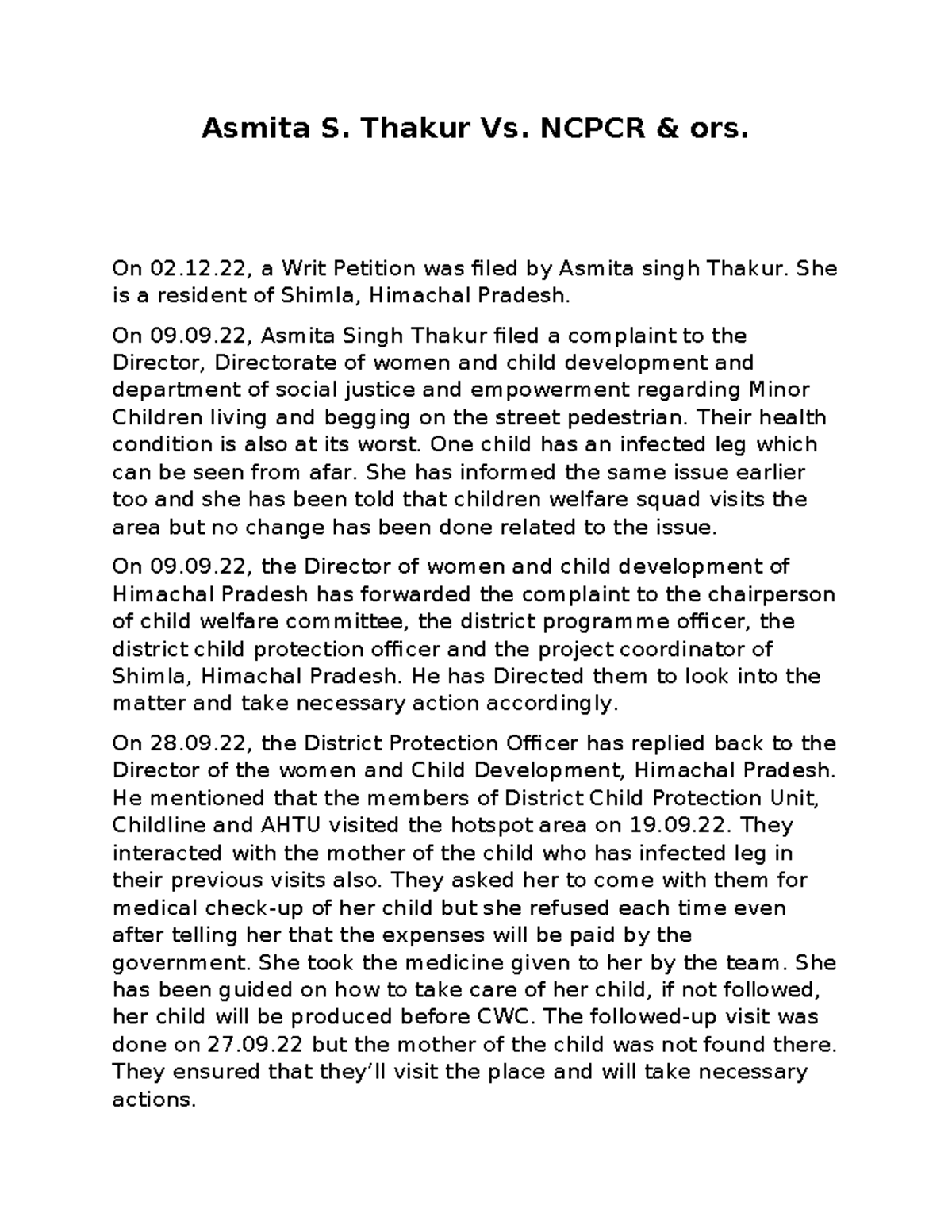Asmita S. Thakur Vs. NCPCR: Writ Petition Analysis & Child Welfare ...
