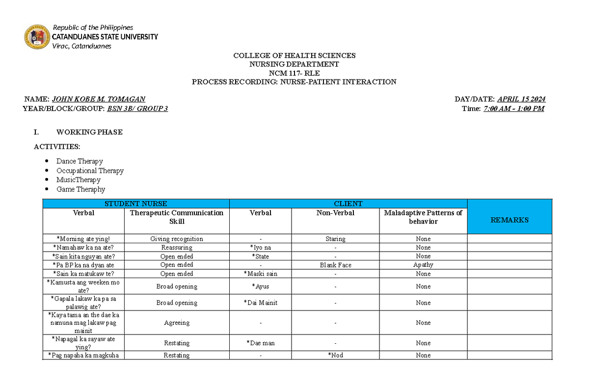 NCM 117 RLE Process Recording: Nurse-Patient Interaction Notes - Studocu