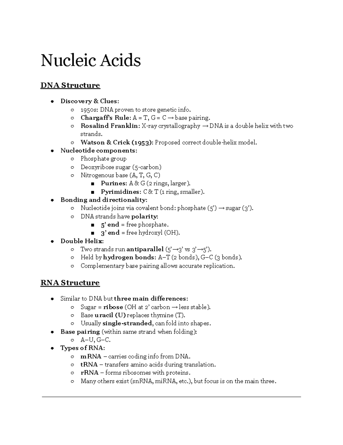 Unit 1 Reading Notes: DNA & RNA Structure and Function - Studocu
