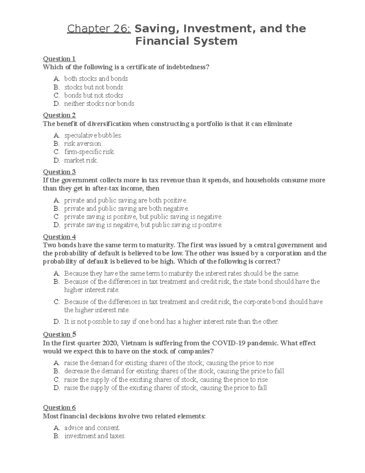 Quiz #4: Understanding Saving, Investment & Financial Systems (Ch 26 ...
